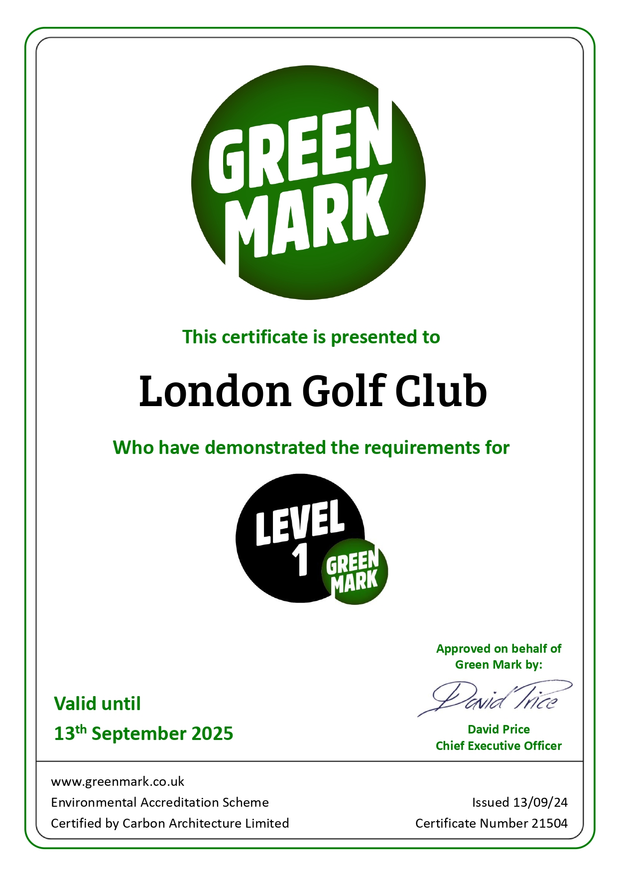 Green Mark Award - London Golf Club